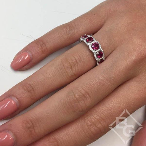 Simon G Five Stone Ruby & Diamond Halo Anniversary Ring | Ben Garelick